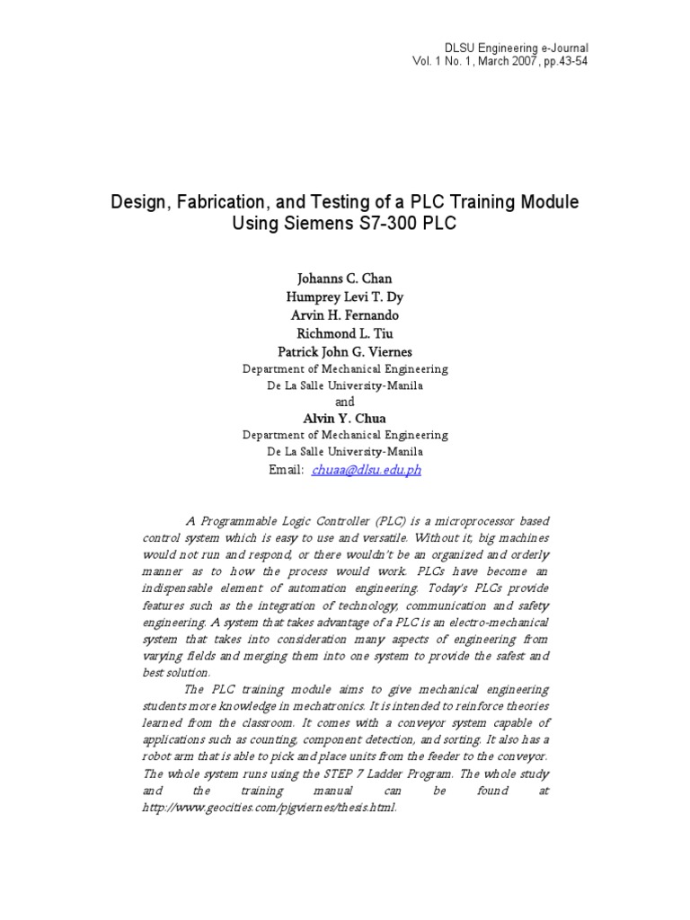 Design, Fabrication, and Testing of A PLC Training Module Using Siemens ...