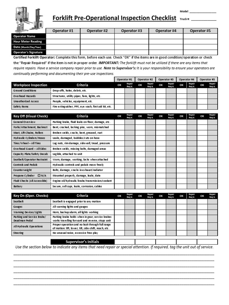 Forklift Pre-Operational Inspection Checklist: Operator #1 Operator #2 ...