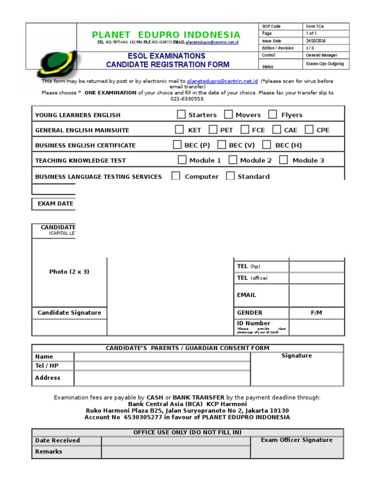 Planet Edupro Indonesia: Esol Examinations Candidate Registration Form ...