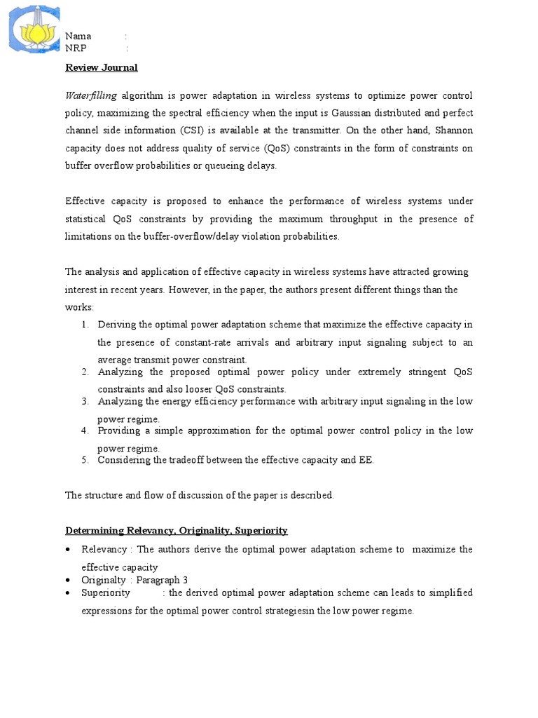 Waterfilling Algorithm Is Power Adaptation in Wireless Systems To ...