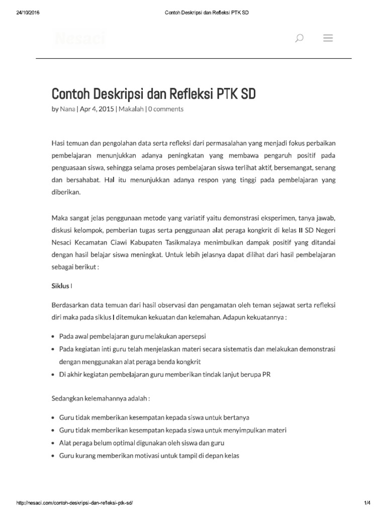 Contoh Deskripsi Dan Refleksi PTK SD | PDF