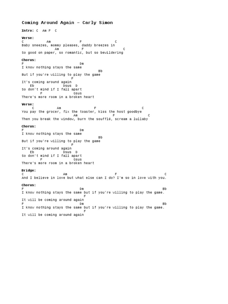 Carly Simon's "Coming Around Again" Lyrics | PDF