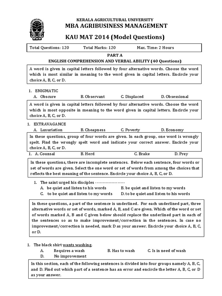 KAU MAT 2014 Model Question Paper | PDF | Validity | Cognition