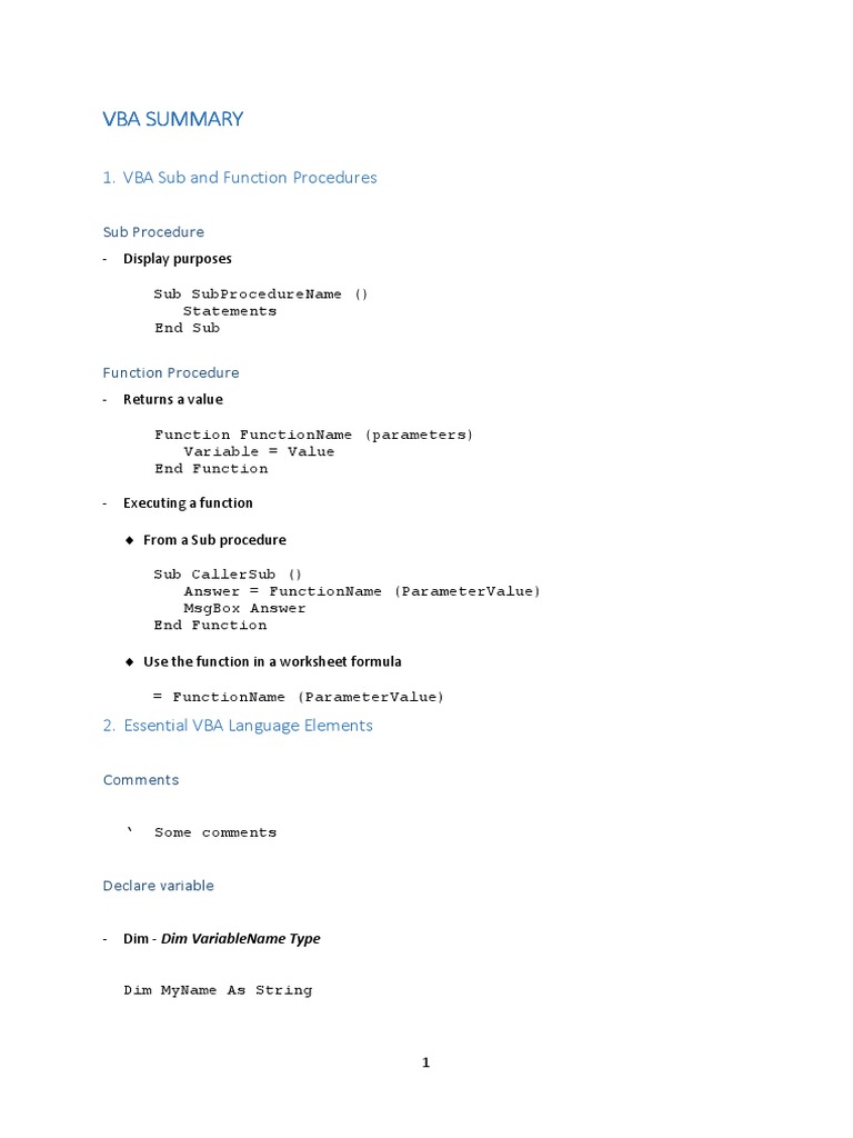 VBA VBA VBA Vba Summary: 1. VBA Sub and Function Procedures | PDF ... VBA VBA VBA Vba Summary: 1. VBA Sub and Function Procedures | PDF ...