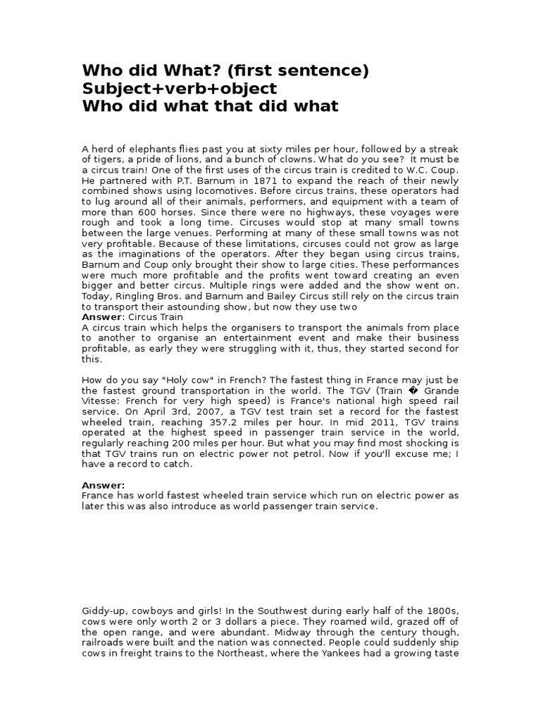 Who Did What? (First Sentence) Subject+verb+object Who Did What That ...