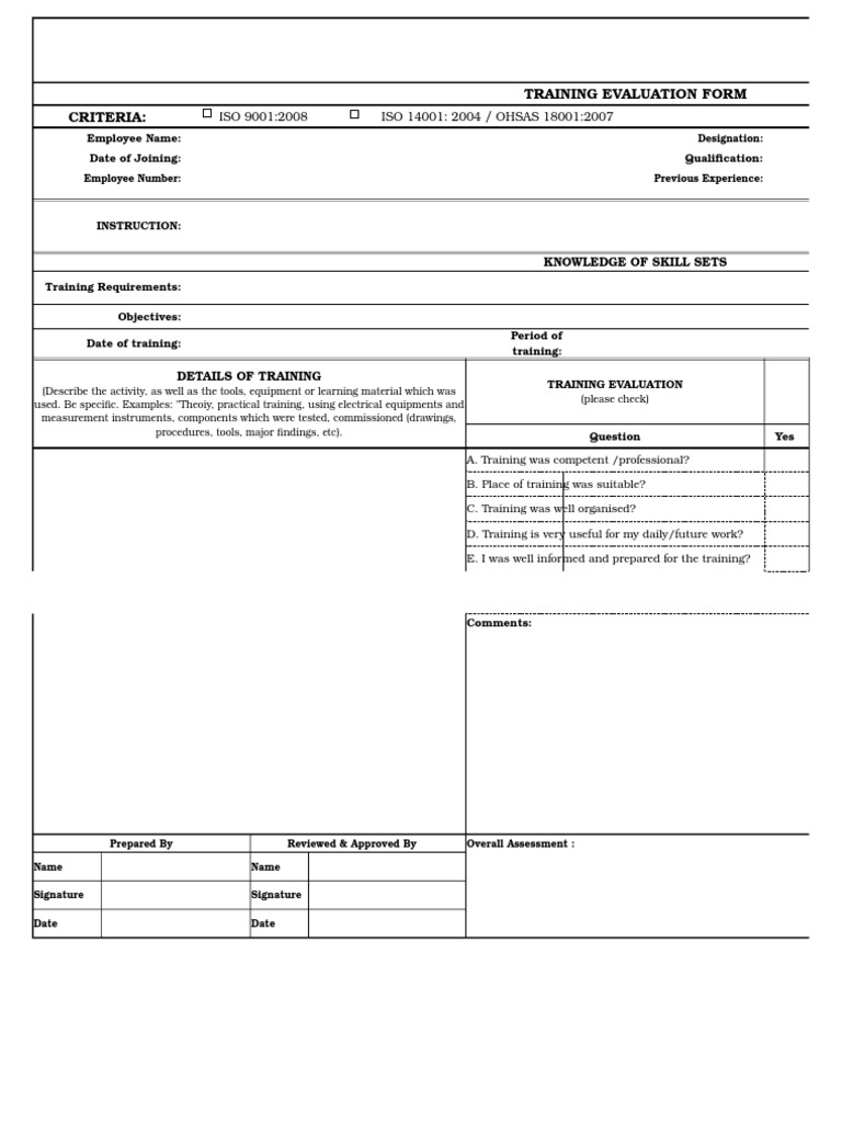 Training Evaluation Form Criteria:: ISO 9001:2008 ISO 14001: 2004 ...