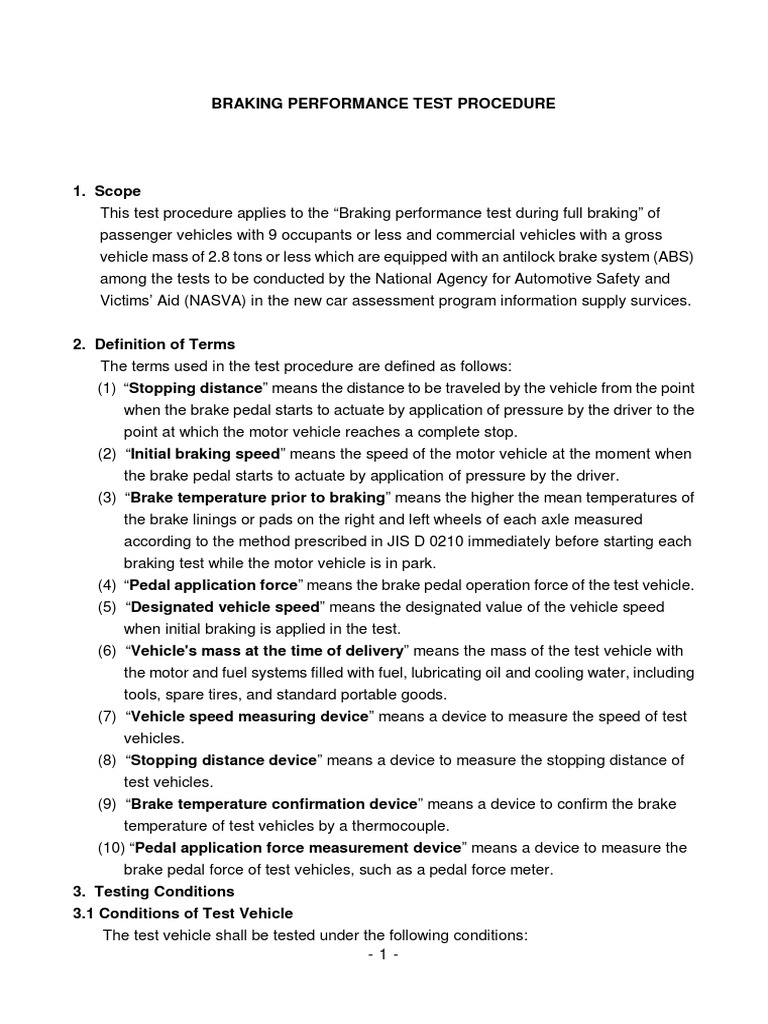 2014 Braking Performance Safety Performance Test Procedure | PDF ...