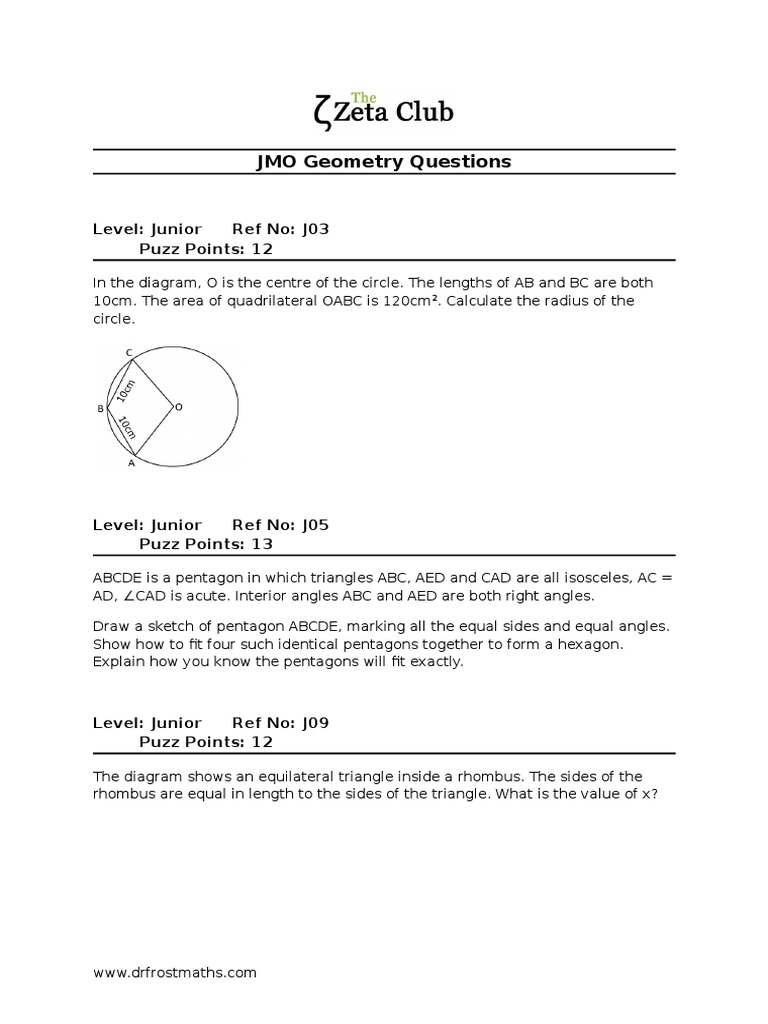 JMO Geometry Questions: Level: Junior Ref No: J03 Puzz Points: 12 | PDF ...