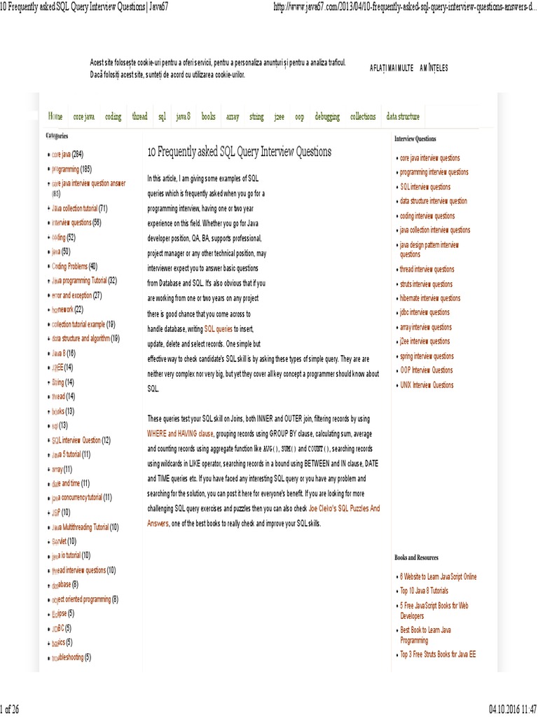 10 Frequently Asked SQL Query Interview Questions - Java67 | PDF | Sql | Database Index