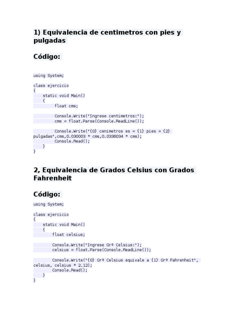 Ejercicios C# | PDF | Celsius | Programación de computadoras