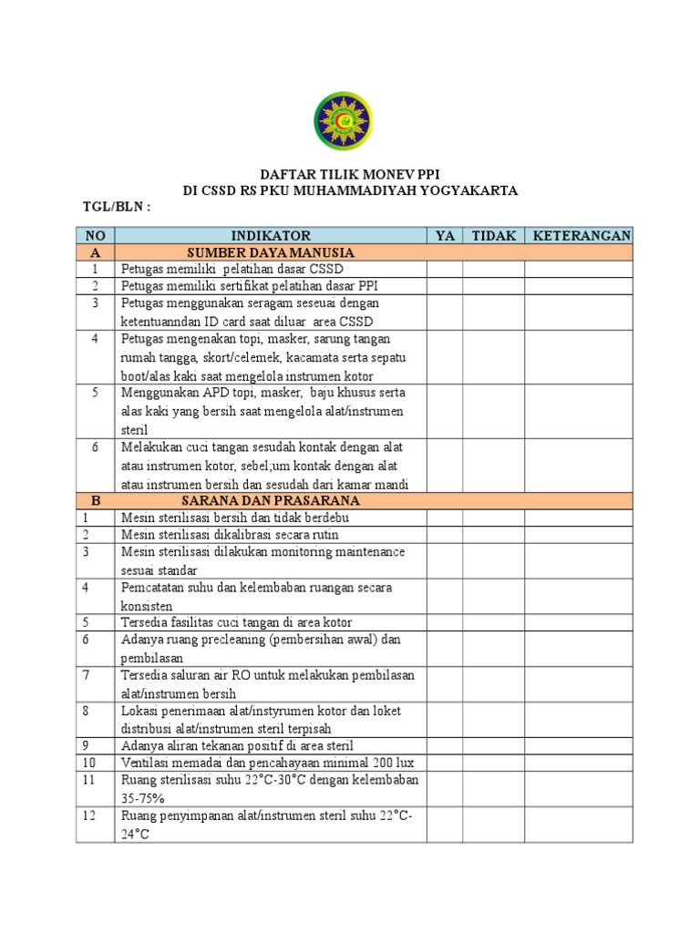 Daftar Tilik Monev PPI CSSD RS PKU | PDF | Teknologi & Rekayasa
