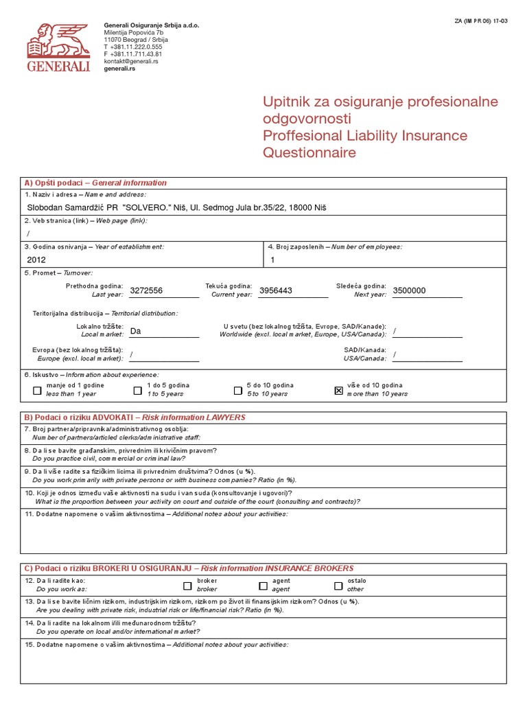 ZA (IM PR 06) 17-03 UPITNIK Za Osiguranje Profesionalne Odgovornosti SR ... 1451311730 | PDF