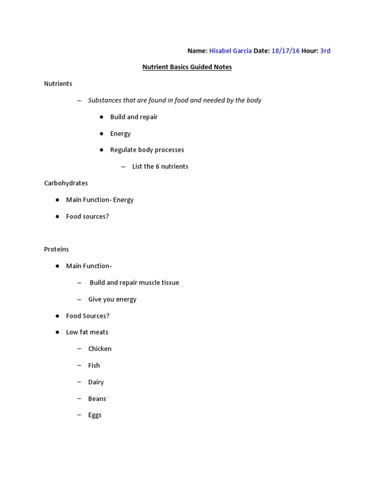 Name: Hour: Nutrient Basics Guided Notes: Hisabel Garcia 10/17/16 3rd | PDF