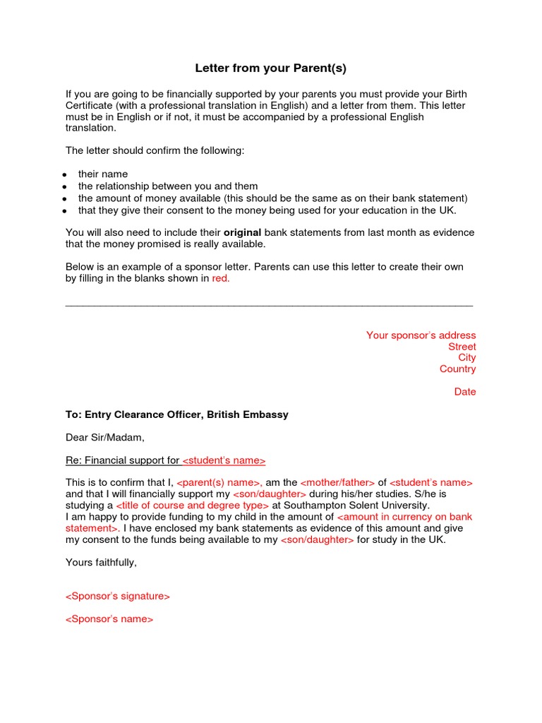 Parent Sponsor Letter Guide | PDF