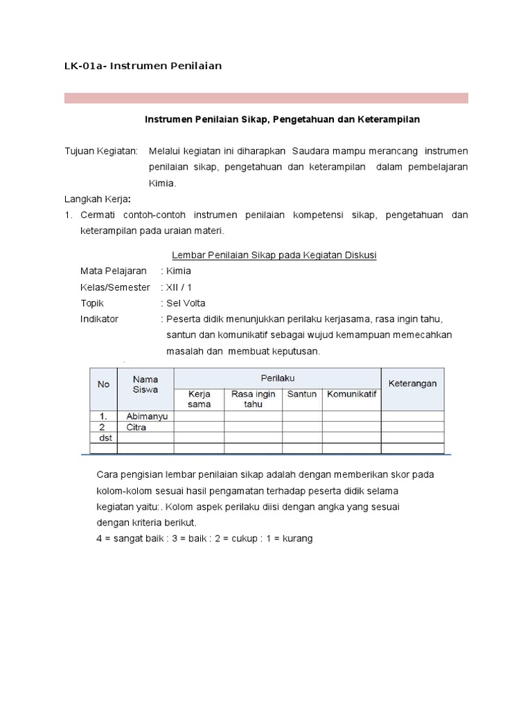 LK-01a Instrumen Penilaian | PDF