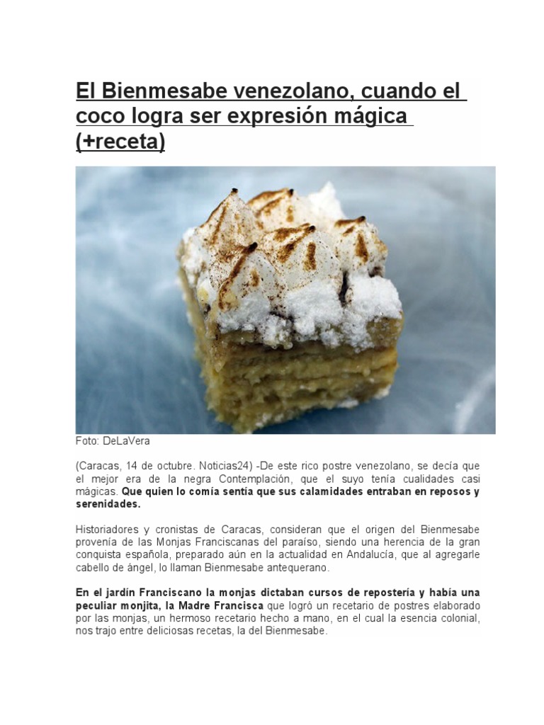 Receta del Bienmesabe Venezolano | PDF | Postres | Huevo como alimento