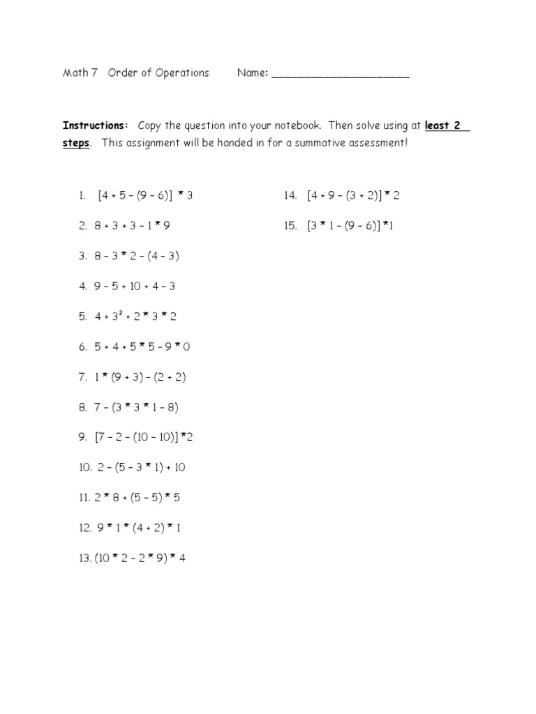 Math 7 Order of Operations Worksheet | PDF