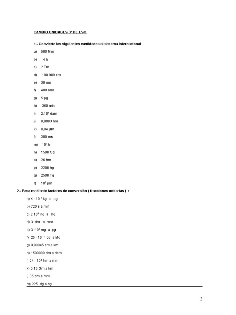 Ejercicios de Conversion de Unidad | PDF
