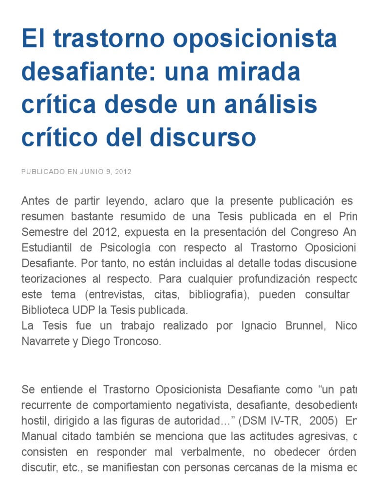 El Trastorno Oposicionista Desafiante - Una Mirada Crítica Desde Un Análisis Crítico Del ...