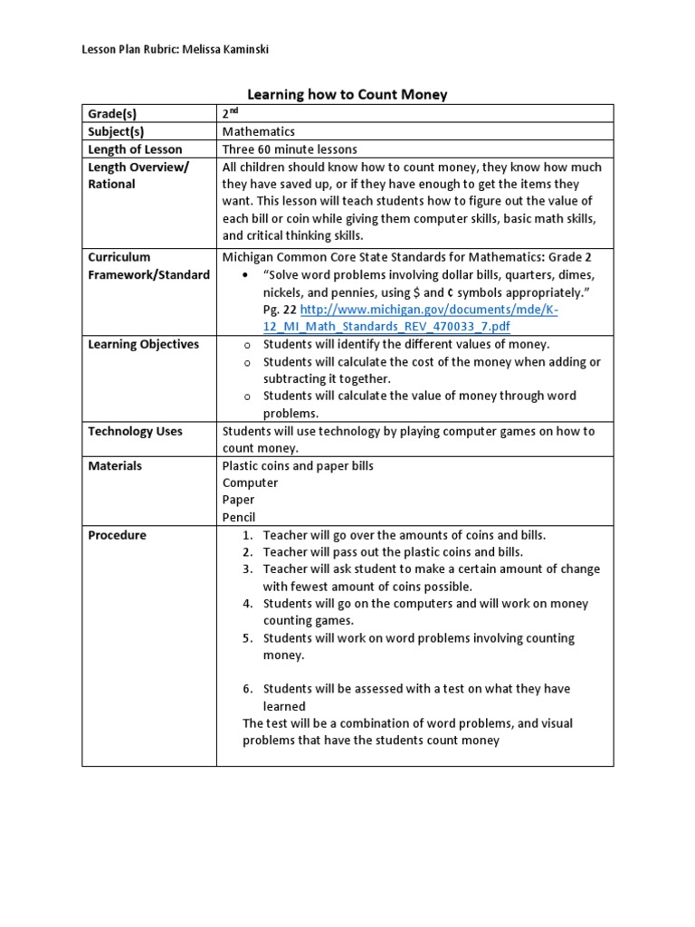 Learning How To Count Money Rubric and Lesson Plan | PDF | Curriculum ...