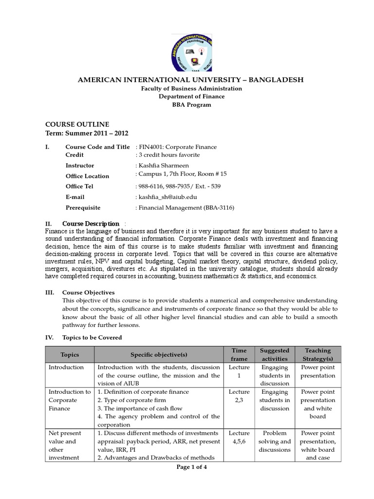 Corporate Finance Course Outline | PDF | Capital Asset Pricing Model ...
