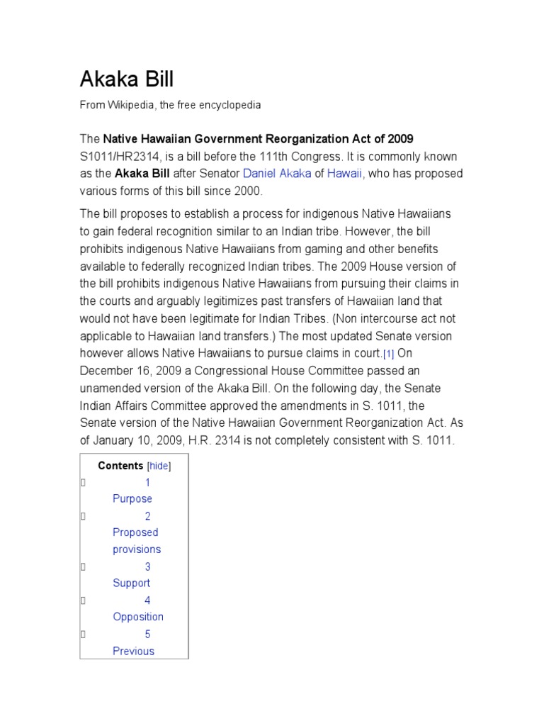 Akaka Bill: From Wikipedia, The Free Encyclopedia | PDF | The United ...