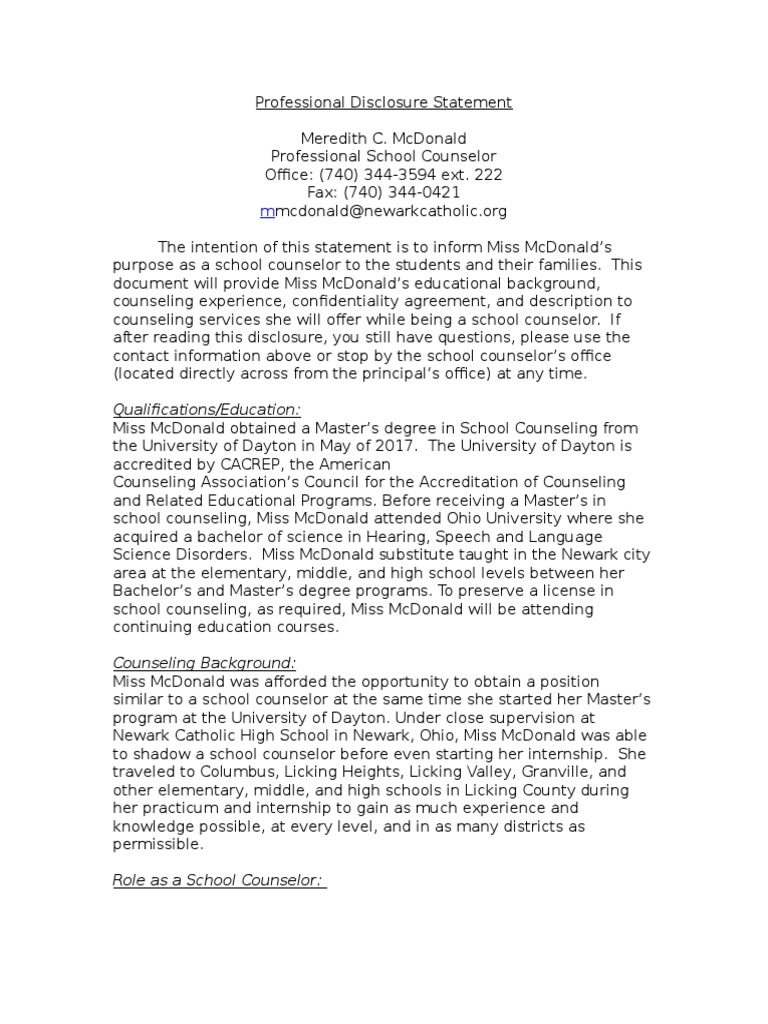 Professional Disclosure Statement Final | PDF | School Counselor ...
