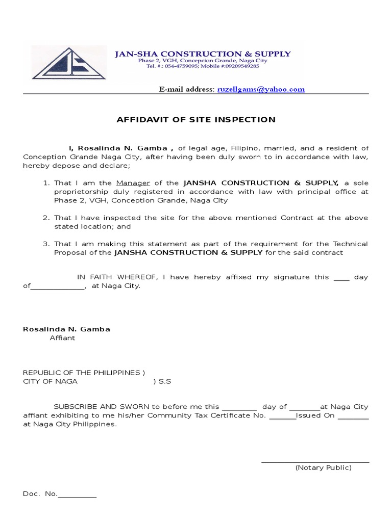 G-Affidavit of Site Inspection DPWH .... | PDF | Law