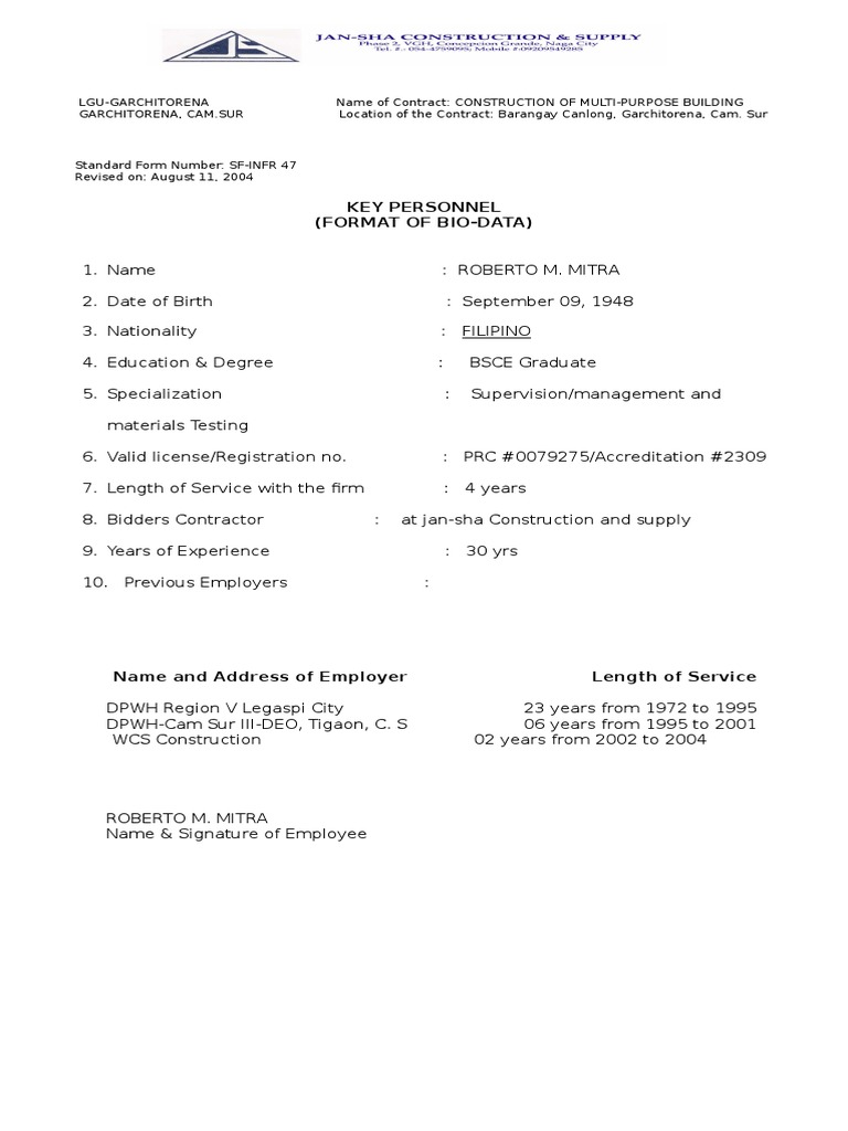 Key Personnel (Format of Bio-Data) | PDF