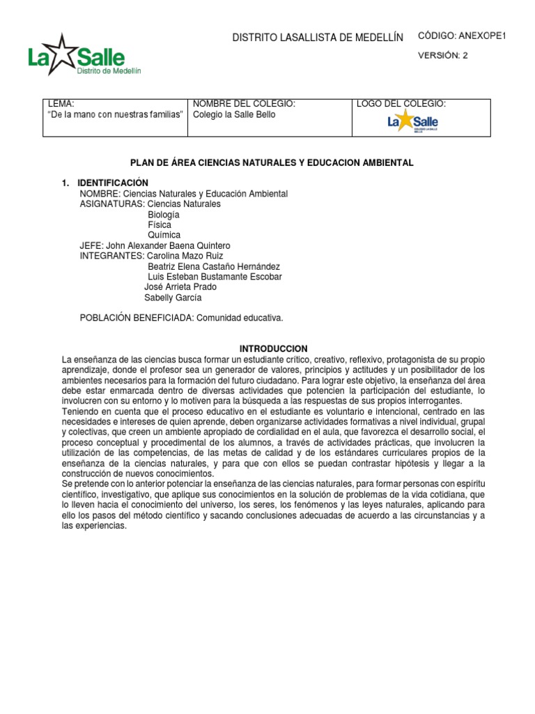Plan De Area Ciencias Naturales Pdf Science Conocimiento