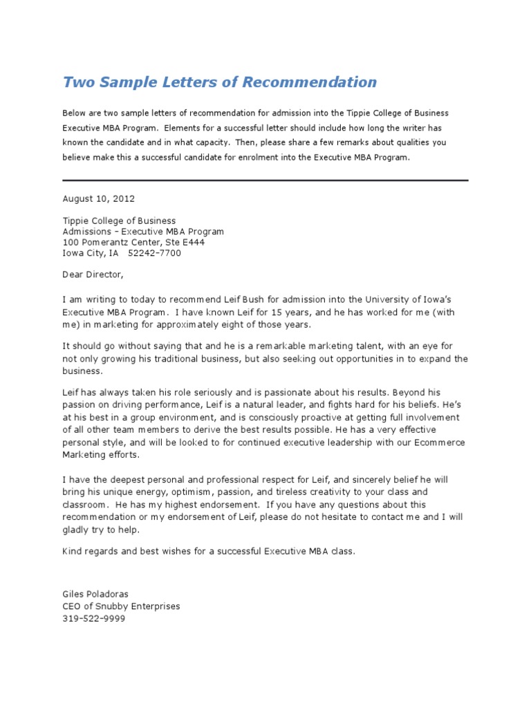 Emba Sample Letters of Recommendation | Master Of Business ...