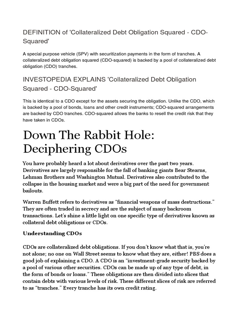 Cdo Squared | PDF | Collateralized Debt Obligation | Derivative (Finance)