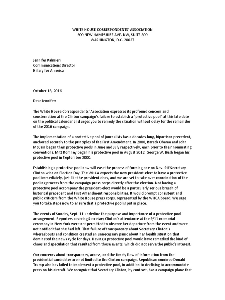 WHCA Clinton Letter | PDF | Presidents Of The United States | American ...