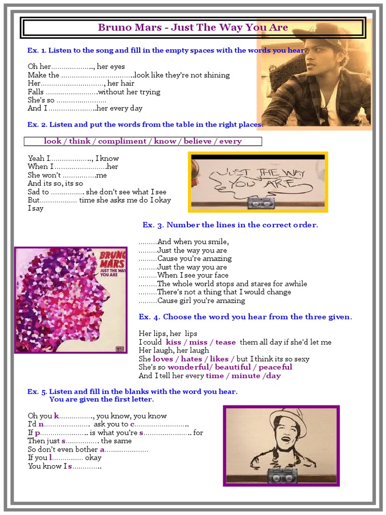 Lyrics Activity for "Just The Way You Are" | PDF | Language Arts ...