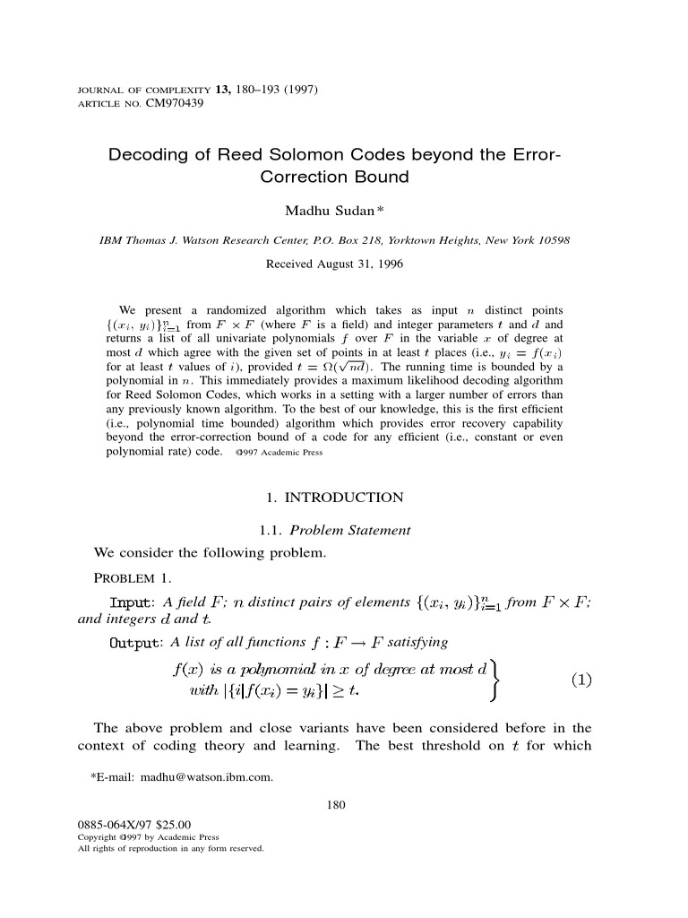 Decoding of Reed Solomon Codes Beyond The ErrorCorrection | PDF | Polynomial | Time Complexity