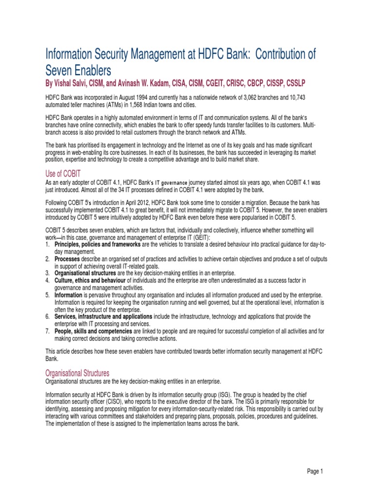 Information Security Management at HDFC Bank Contribution of Seven ...