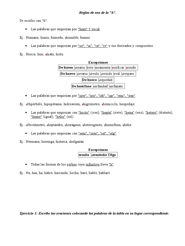Reglas de uso de la "h" en español | PDF | Naturaleza