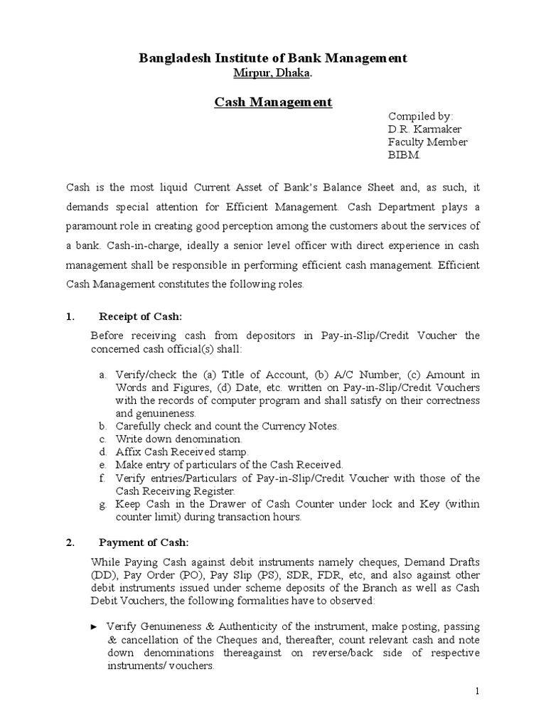 Cash Management | PDF | Cheque | Payments