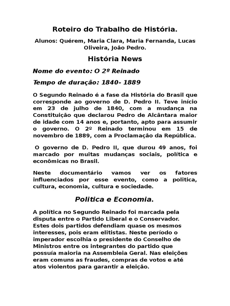 Roteiro Do Trabalho de História | PDF | República | Brasil