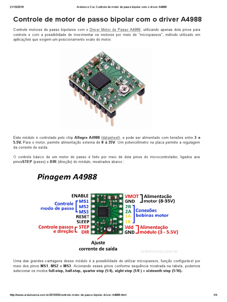Arduino e Cia - Controle de Motor de Passo Bipolar Com o Driver A4988 | PDF | Arduino | Bens ...