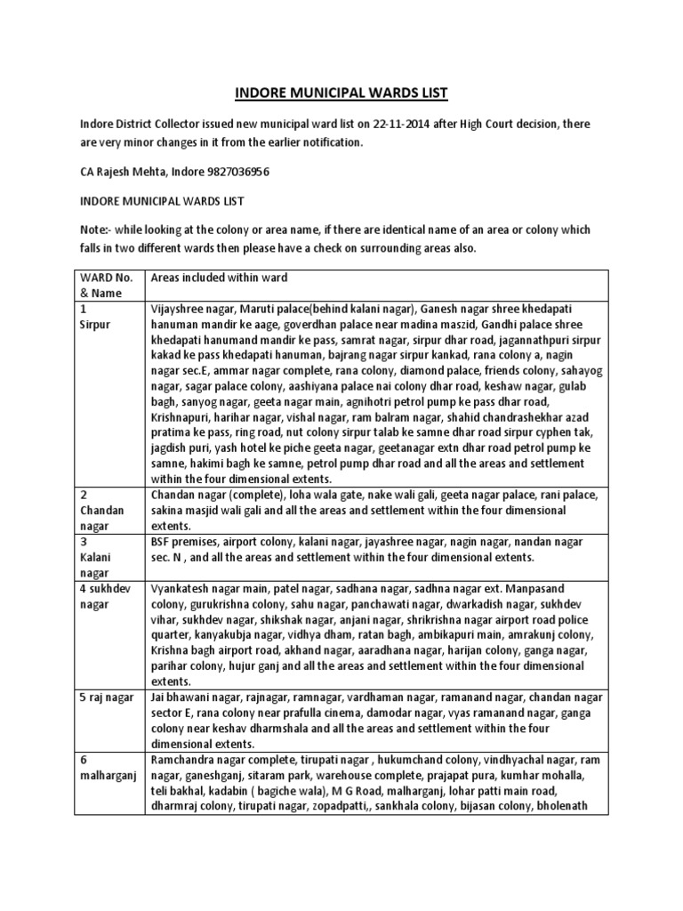 Ward List of Indore Municipal Corporation | PDF