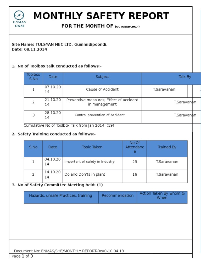 Monthly Safety Report: For The Month of | PDF