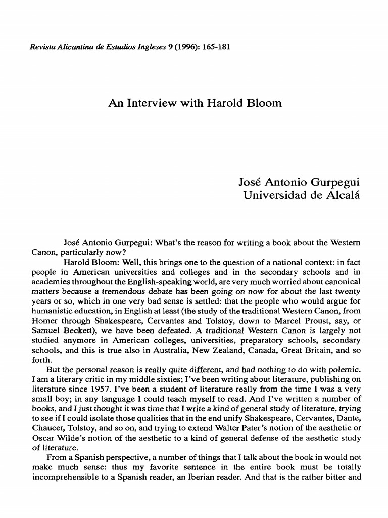 Entrevista A Harold Bloom The Western Canon PDF | PDF | Miguel De ...
