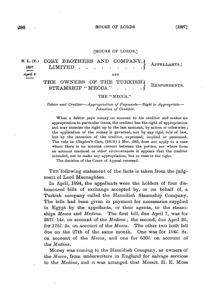 Corey Brothers (1897) A.C. 286 | PDF | Appropriation (Law) | Debits And ...