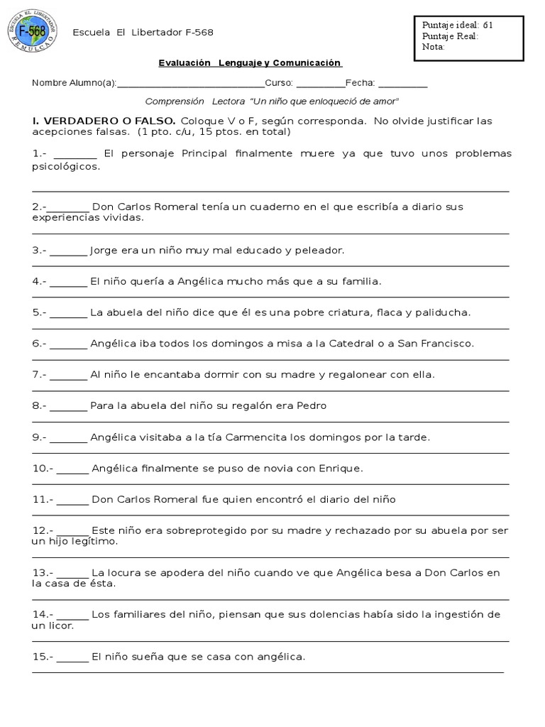 Prueba El Nino Que Enloquecio de Amor | PDF | Artes del Lenguaje y ...