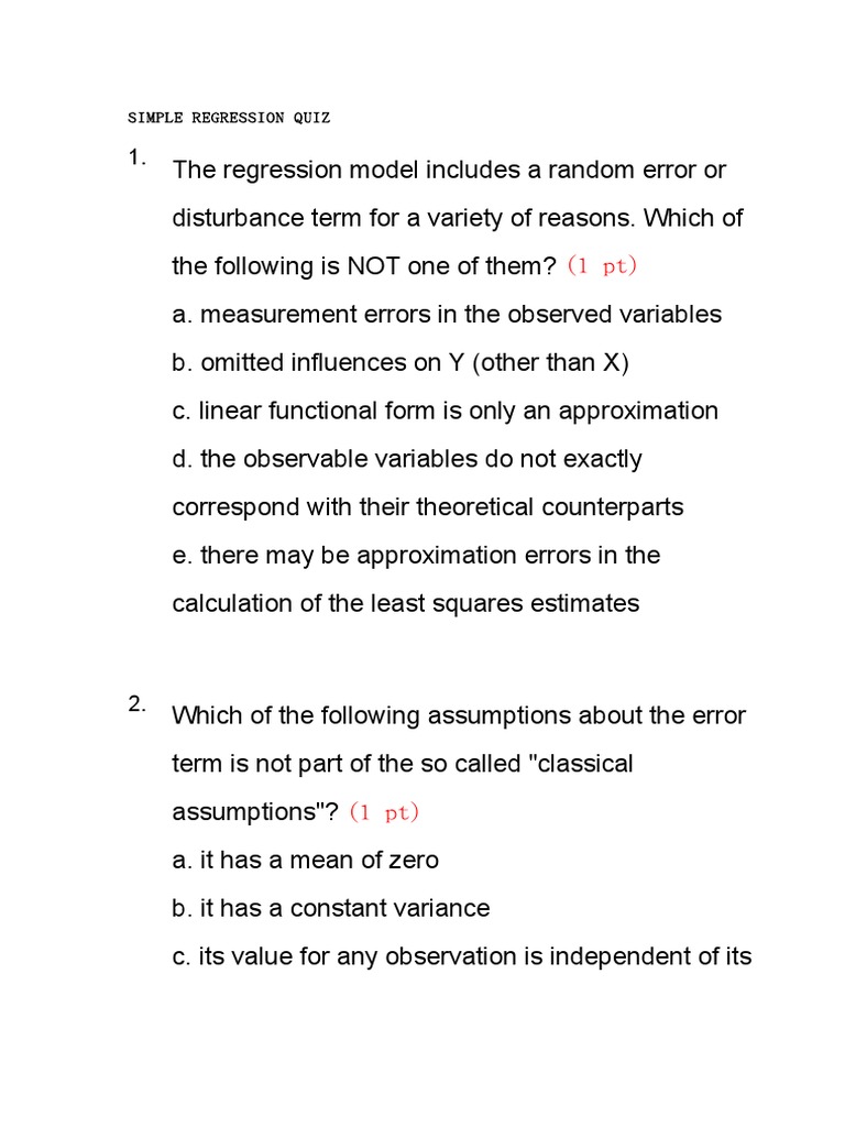 Simple Regression Quiz | PDF | Errors And Residuals | Regression Analysis