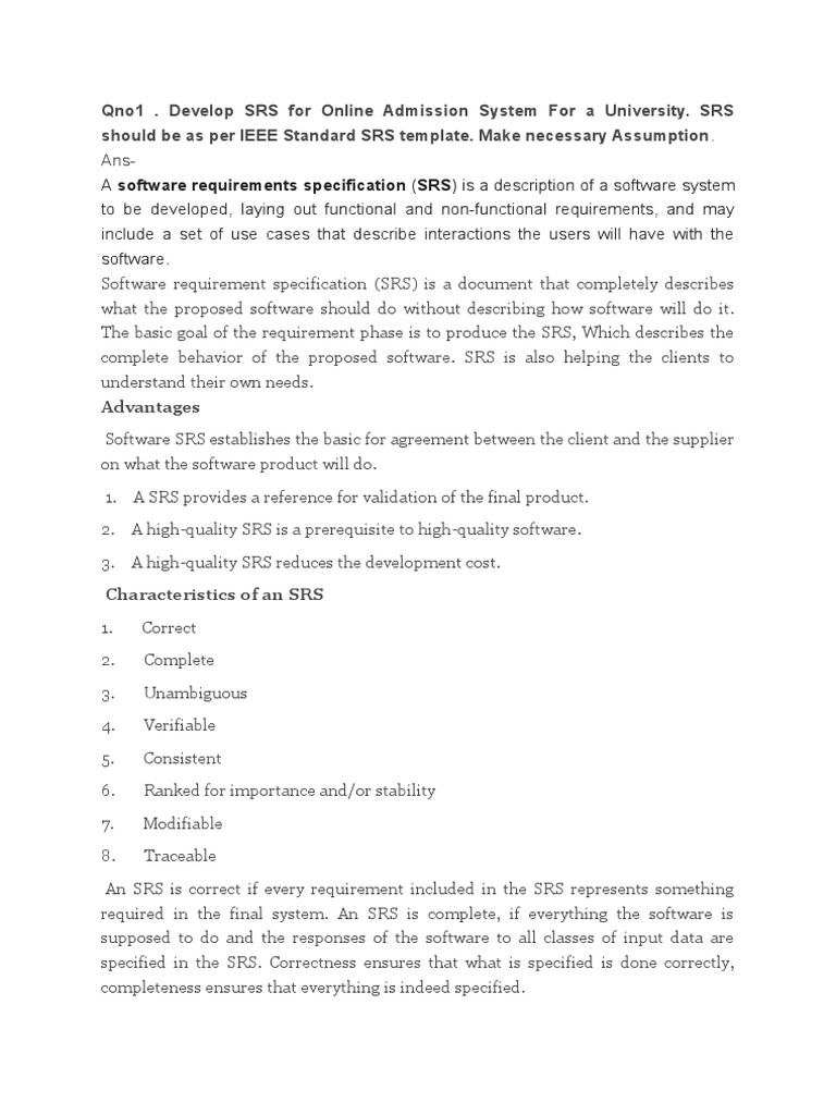 Qno1 - Develop SRS For Online Admission System For A University. SRS ...