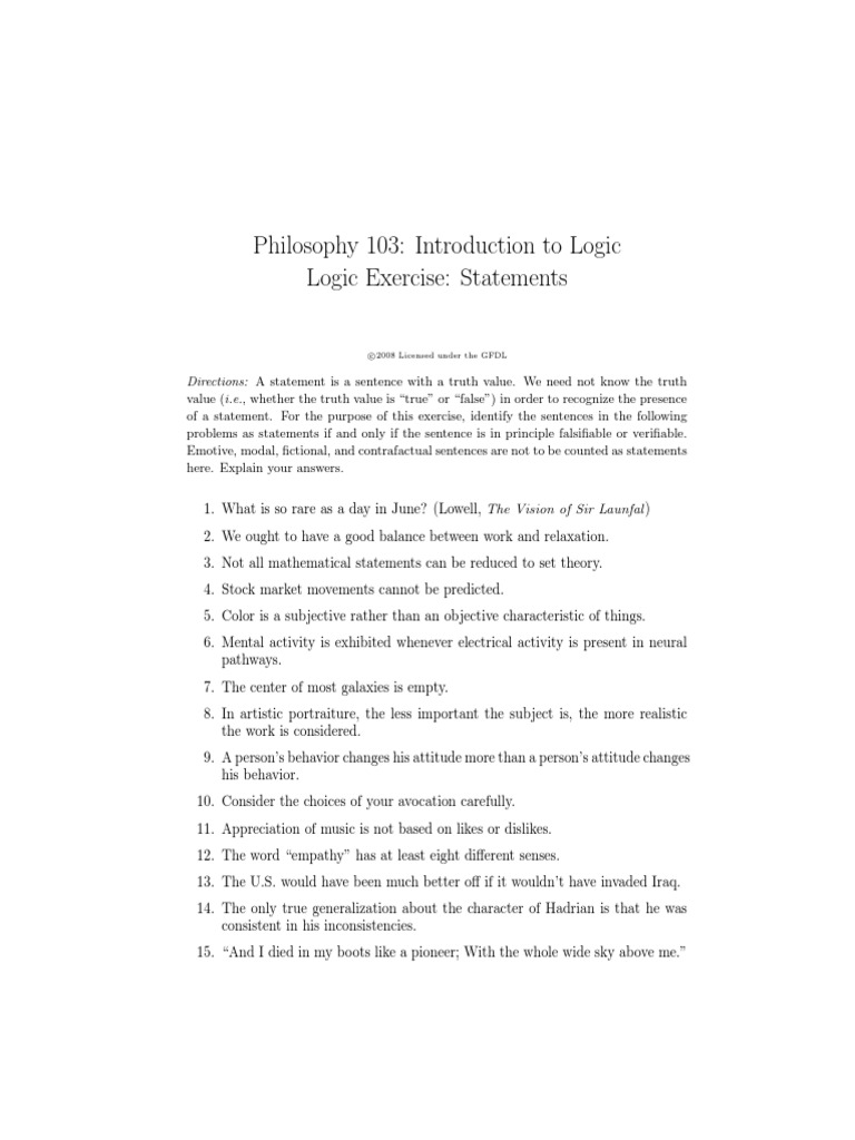 Philosophy 103: Introduction To Logic Logic Exercise: Statements | PDF ...