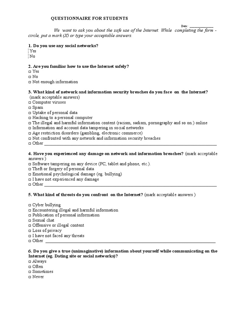 Questionnaire Internet Safety | PDF | Social Networking Service ...