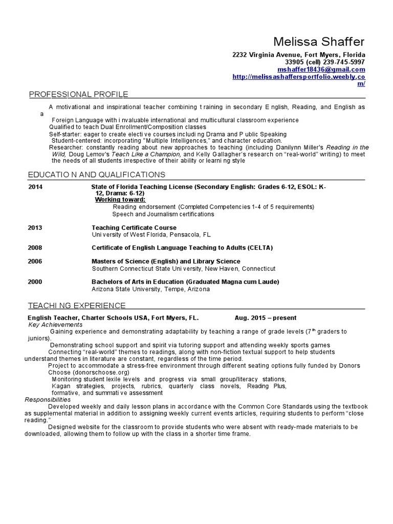 Melissa Shaffer: Experienced English Teacher | PDF | Lesson Plan ...